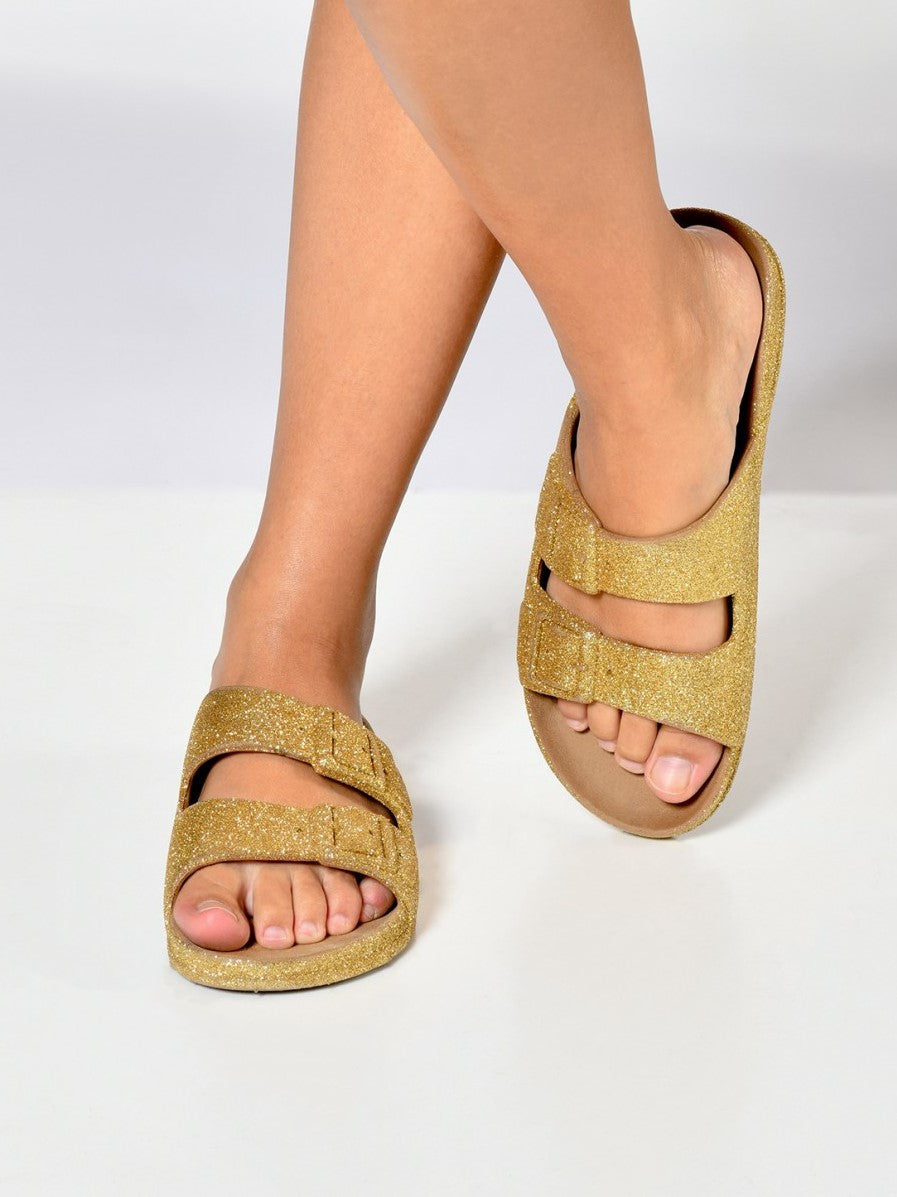 Trancoso Slides in Gold Glitzer - Cacatoes – Veronica Pohle